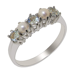 LetsBuyGold 925 Sterling Silver Natural Aquamarine & Cultured Pearl Womens Eternity Ring - Size 10