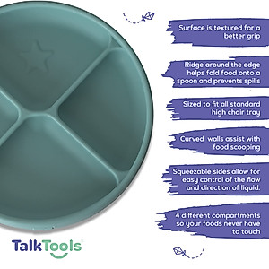 TalkTools Itsy Baby Utensil Set – Silicone Training Cup, Plate and Twin Spoon Pack for Toddlers| Infant First Food Self Feeding Silicone Training Set (Sage)