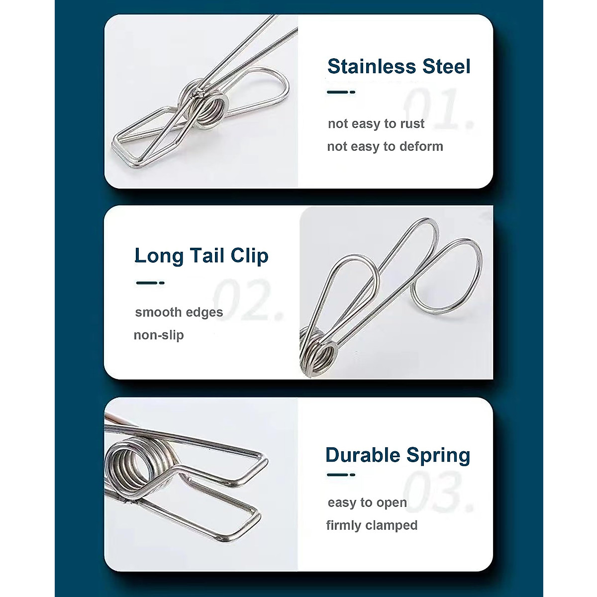 Generic 20 Clips Pack Stainless Steel Clothespins with Hooks Metal Spring Universal Long Hanging Clip for Offices Kitchens Bathroom