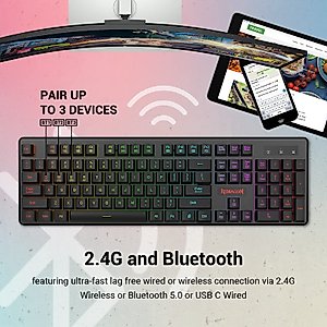 Redragon K509 Pro Wireless Gaming Keyboard, 2.4G and Bluetooth Keyboard, RGB Backlit with 104 Low Profile Keys for Windows PC (Black)