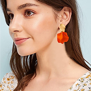 GUOXIAOMEI Chic Elegant Boho Red Rose Petal Dangle Resin Earrings Drop Acrylic Tiered Matte Flower Earrings Statement Exaggerated Floral Tassel Earrings for Women (Orange)