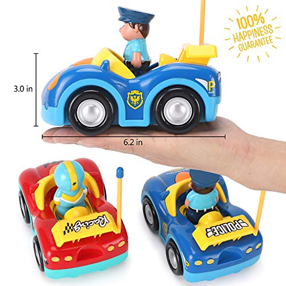 Liberty Imports 2 Pack RC Cartoon Police Car and Race Car Radio Remote Control Toys with Music & Sound for Baby, Toddlers, Kids