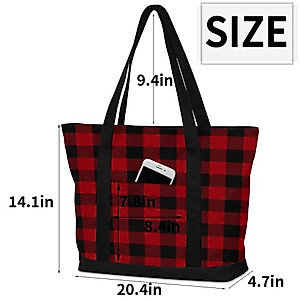Red Buffalo Plaid Canvas Totes Shoulder Bag for Women Girls, Checkered Pattern Handbag with External Pockets Daily Essentials Large Top Zipper Cloth Bag