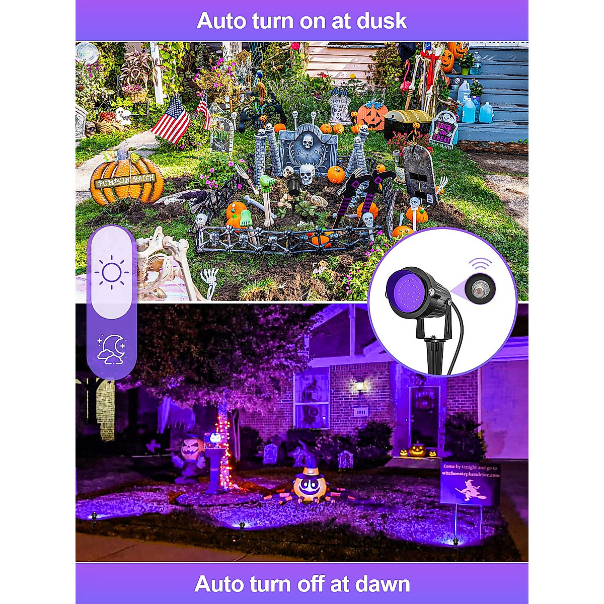 DOREIO Halloween 120V Blacklight Spotlight 15W Outdoor LED Landscape Lighting Dusk to Dawn Photocell Light Sensor with US Plug for Glow Dance Party, Body Paint, Fluorescent Poster, Neon Glow(1 Pack)