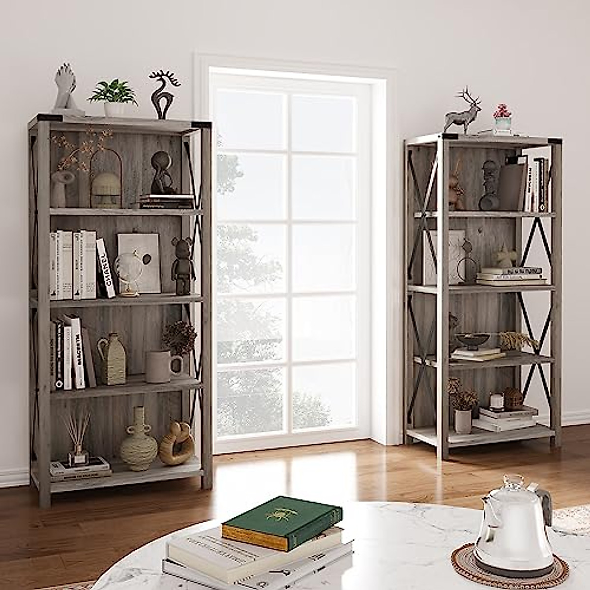 AMERLIFE 4-Tier Bookshelf, Set of 2 Tall Industrial Book Shelf, Rustic Wood & Metal X Frame Farmhouse Bookcase & Bookshelves, for Living Room, Bedroom, Grey Wash