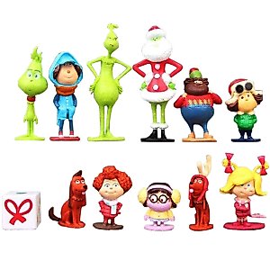 12pcs Green Monster Stole Christmas Cake Topper Action Figure Toy Dolls Set PVC Model Collections Chrismas Decoration