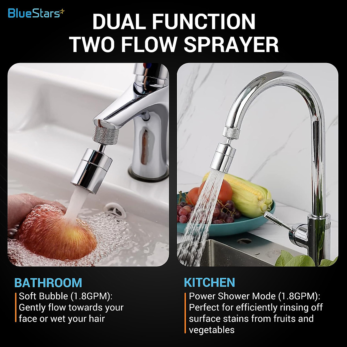 BlueStars Ultra-durable 1440° Rotating Faucet Aerator - Two Water Outlet Modes - Universal Splash Filter Faucet - For Bathroom/Kitchen Sink