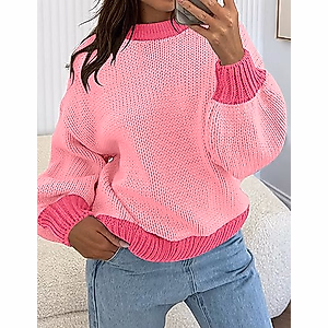 ZESICA Women's Casual Long Sleeve Crew Neck Pullover 2025 Spring Ribbed Knit Loose Contrast Color Sweater Tops,HotPink,Medium
