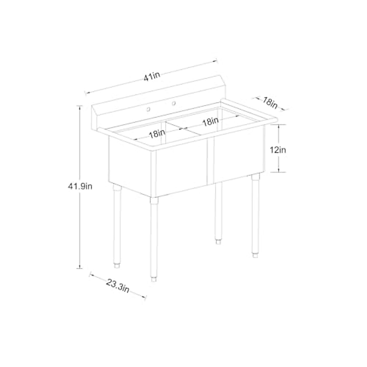 ROCKPOINT 2 Compartment Stainless Steel Commercial Kitchen Prep & Utility Sink, Silver 41"Wx23.3"Dx41.9"H