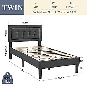 VECELO Twin Size Upholstered Bed Frame with Height Adjustable Fabric Headboard, Heavy-Duty Platform Bedframe/Mattress Foundation/Strong Wood Slat Support/No Box Spring Needed, Grey