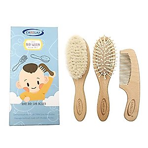 Baby Hair Brush & Comb Set, Organic Wooden Hairbrush Natural Goat Bristles 3-Piece for Newborns & Toddlers, Ideal for Cradle Cap & Itching, Perfect Shower and Registry Gift for Infant, Toddler, Kids