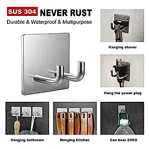 JQML,JQMLBrushed Stainless Steel self-Adhesive Heavy-Duty Hook,Waterproof,Oil-Proof,Anti-Corrosion,no Punching,Bathroom and Kitchen Wall Hook,Suitable for Towels,Bathrobes,Tableware (Double Hook)