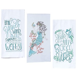 Mermaid Themed Kitchen Dish Towels Set with Sayings | Mermaids, Seashell, Starfish Print | 2 Flour Sack and 1 Terry Cotton Towels for Dishes and Hand Drying