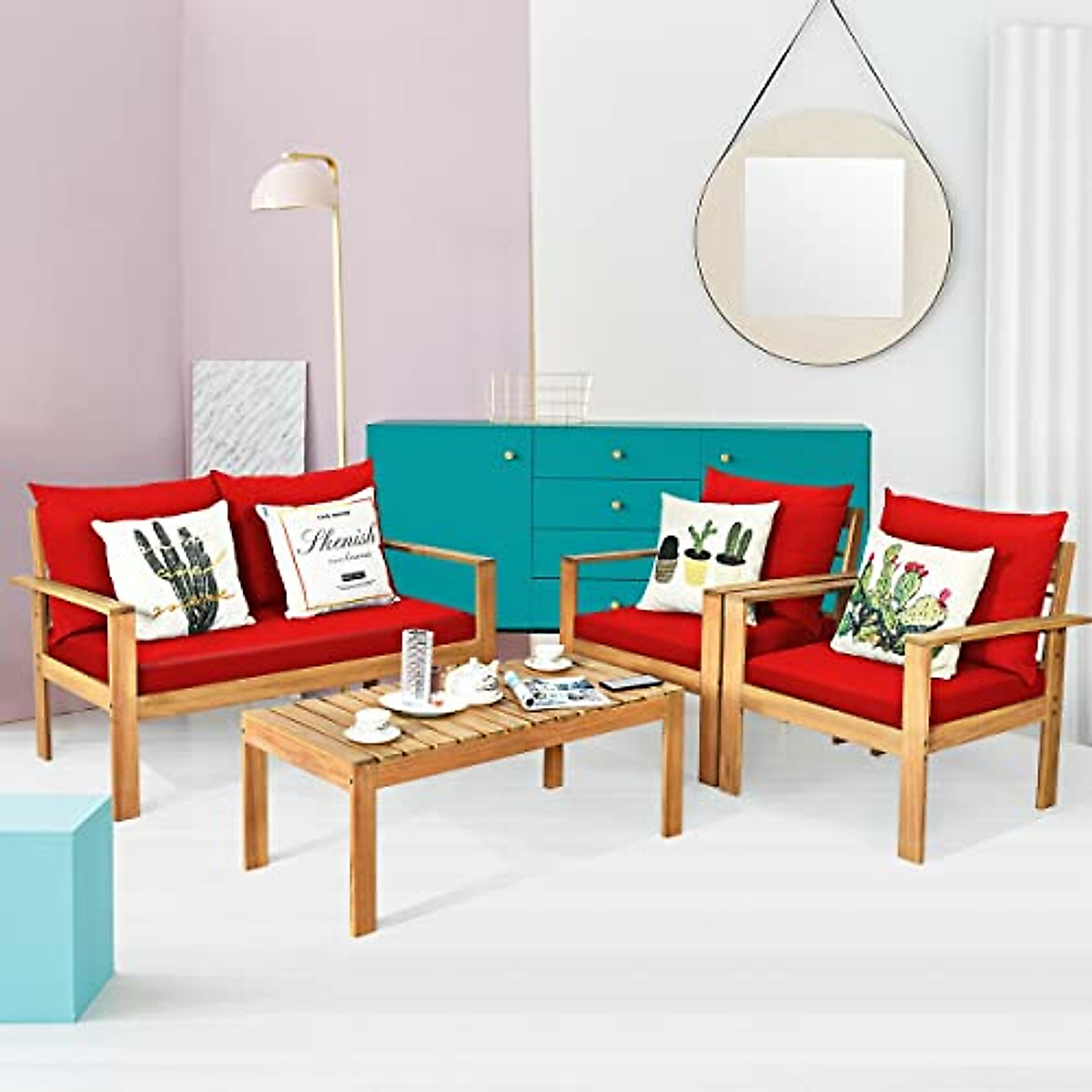 LUKEO 4PCS Patio Furniture Set Acacia Wood Thick Cushion Loveseat Sofa Red Spend Time with Your Family On The 4-8 Persons Set