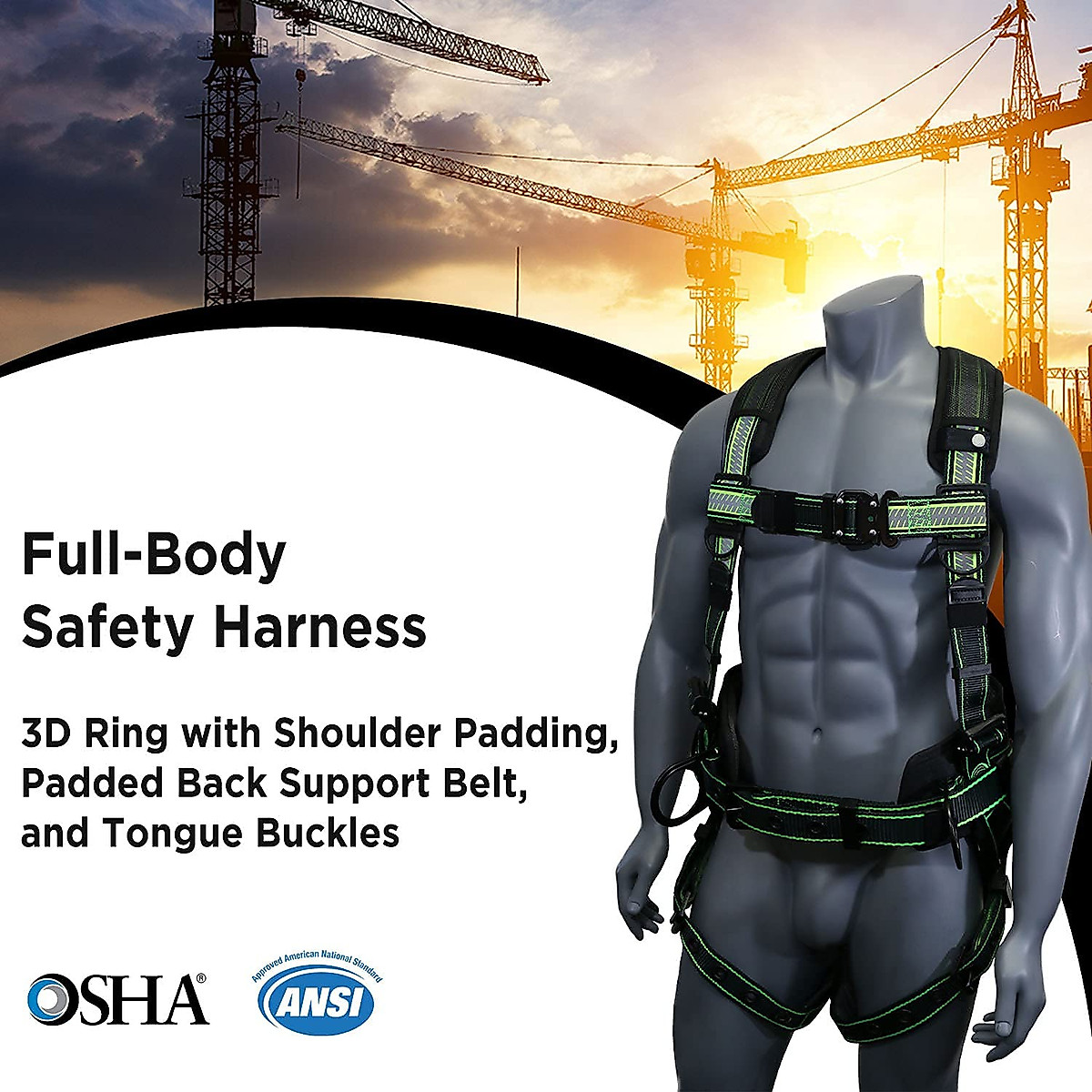 AFP Fall Protection Premium Reflective Black Safety Harness w/Hi-Viz Lime, Vented & Padded Shoulder, Legs and Back, 8” Thick Back Support Belt, 3 D-Rings, Tongue Buckle, Quick Release (OSHA/ANSI PPE)