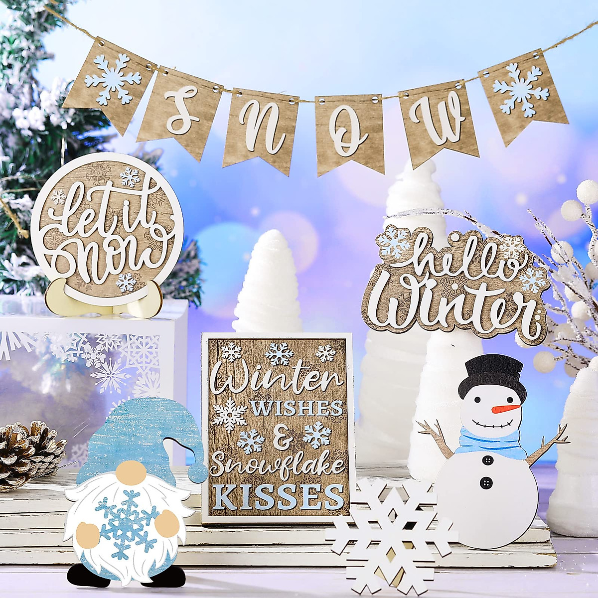 Qunclay Christmas Winter Tiered Tray Decor Wooden Signs Snowman Snowflake Wood Blocks Winter Farm Directional Sign Rustic Tabletop Signs Farmhouse Tiered Tray Decorations(Snowman Style, 12 Pcs)