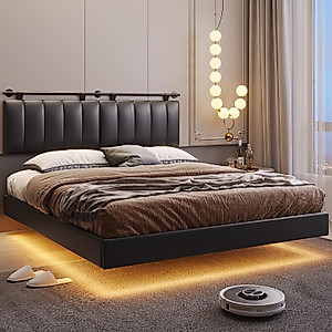 DICTAC Full Floating Bed Frame with Led Lights and Wall Mounted Headboard Modern Full Size LED Low Profile Platform Bed Frame Faux Leather Upholstered Platform Bed Frame,No Box Spring Needed,Black