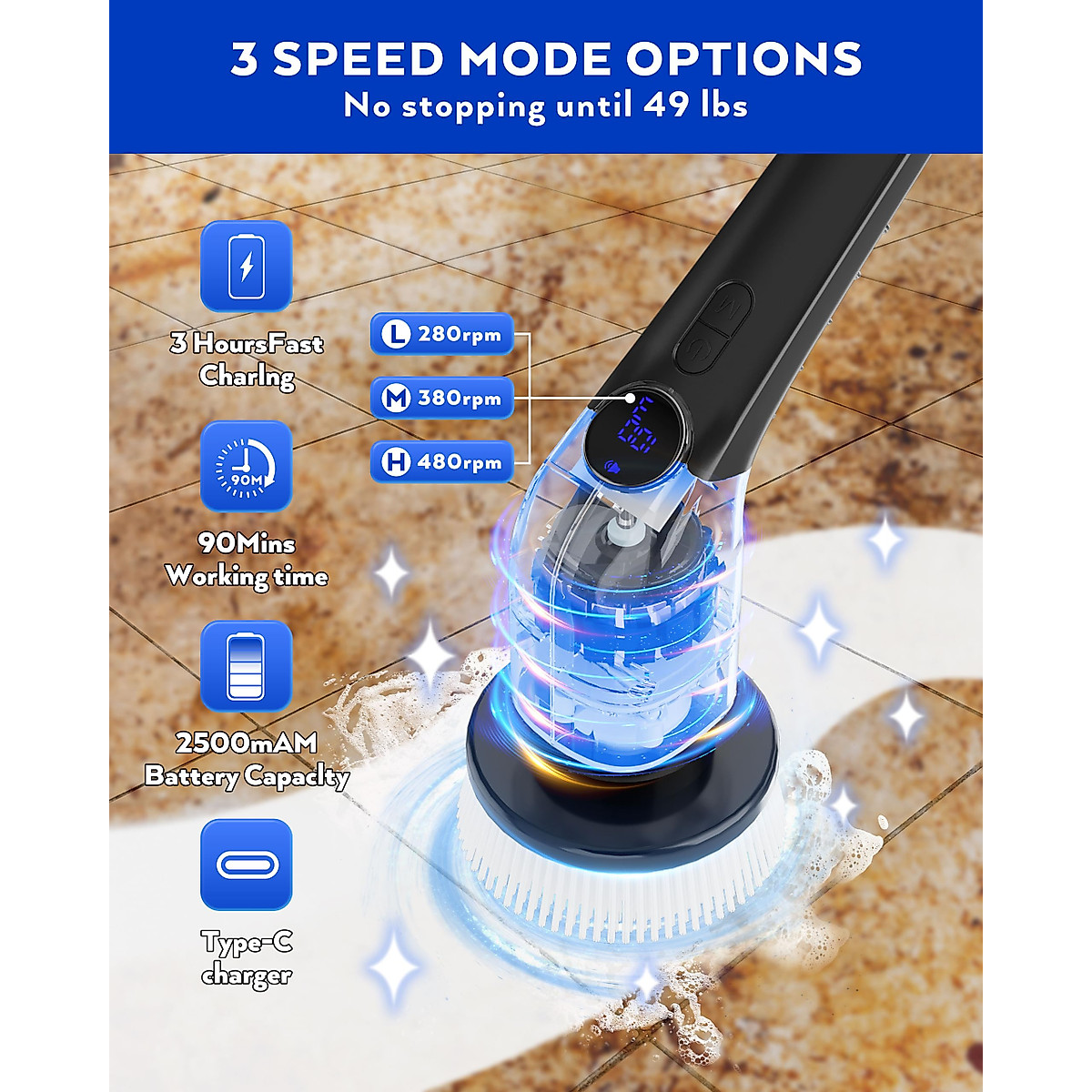 cllis Electric Spin Scrubber, Shower Scrubber with Long Handle & 8 Replaceable Brush Heads, 3 Speeds Cleaning Brush Power Scrubber, Adjustable Extension Handle Spin Brush for Cleaning Bathroom,Tub