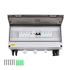 OELFFOW DC1000V 32A PV Combiner Box with 15A Rated Current Fuse, 63A Circuit Breaker, 20kA Surge Protective Device for Solar Panel System, IP65 Waterproof 4 String Grey Junction Box 4 in 1 Out