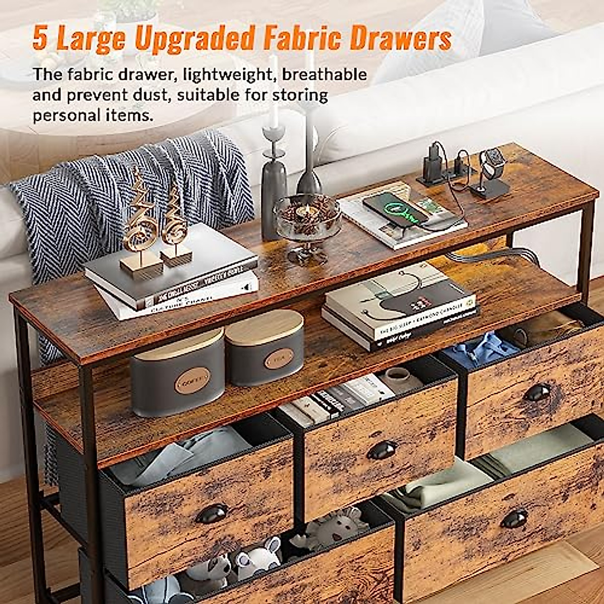 Furologee Console Sofa Table with Power Outlet, Long 45" Dresser TV Stand with 5 Drawers, Entryway Table with Shelves, Entertainment Center for 55'' TV, Bedroom, Living Room, Hallway, Rustic Brown