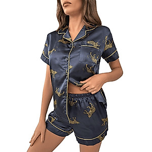 SweatyRocks Women's Short Sleeve Sleepwear Button Down Satin 2 Piece Pajama Set Black Leopard S