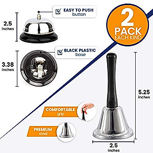 [4 Pack] Call Bell with Handle and Counter Bell - Silver Desk Bells, Stainless Steel Hand Bell, Loud Ring for Elderly, Doorbell, Hotel Reception, Restaurant, Kitchen, Store, School, Teacher