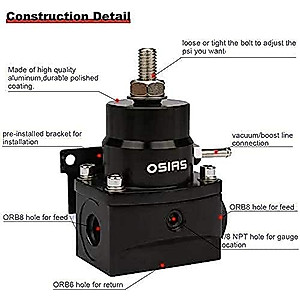 OSIAS Universal Adjustable Aluminum FPR Fuel Pressure Regulator Kit +160 Psi Pressure Gage AN6-6AN Fuel Line,Hose Fitting Connectors Kit