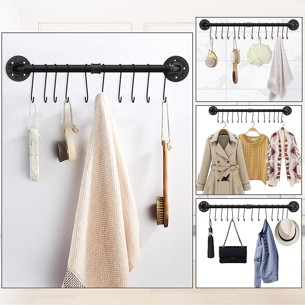 Toplife 31.5 inch Pot Rack, Kitchen Wall Mounted Detachable Pan Lid Utensils Organizer Hanging Rail with 14 Hooks, Black