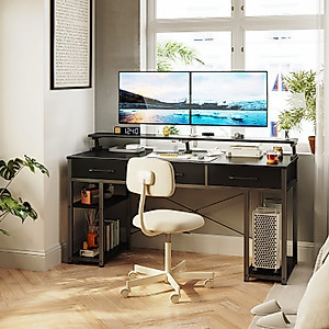 ODK Computer Desk with Drawers and Storage Shelves, 48 inch Home Office Desk with Monitor Stand, Modern Work Study Writing Table Desk for Small Spaces, Black