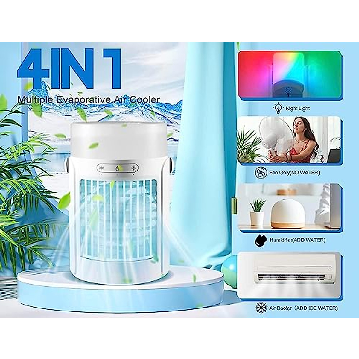 Portable Air Conditioners Fan, Evaporative Mini Air Cooler with 3 Speeds 7 Colors, Misting Humidifier Personal Air Cooler Touch Screen Desktop Cooling Fan with Large Water Tank for Home Room Office