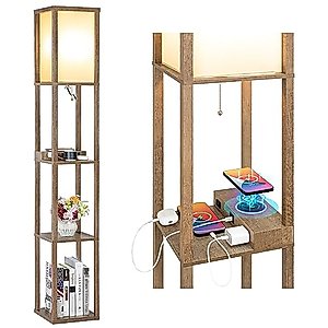 Mlambert Modern Shelf Floor Lamp with Wireless Charger & Fast Charging USB Port & Type C Port & 2 Power Outlets,3 Tier Storage Display Standing Lamp Narrow Corner Light for Bedroom Living Room(Wood)