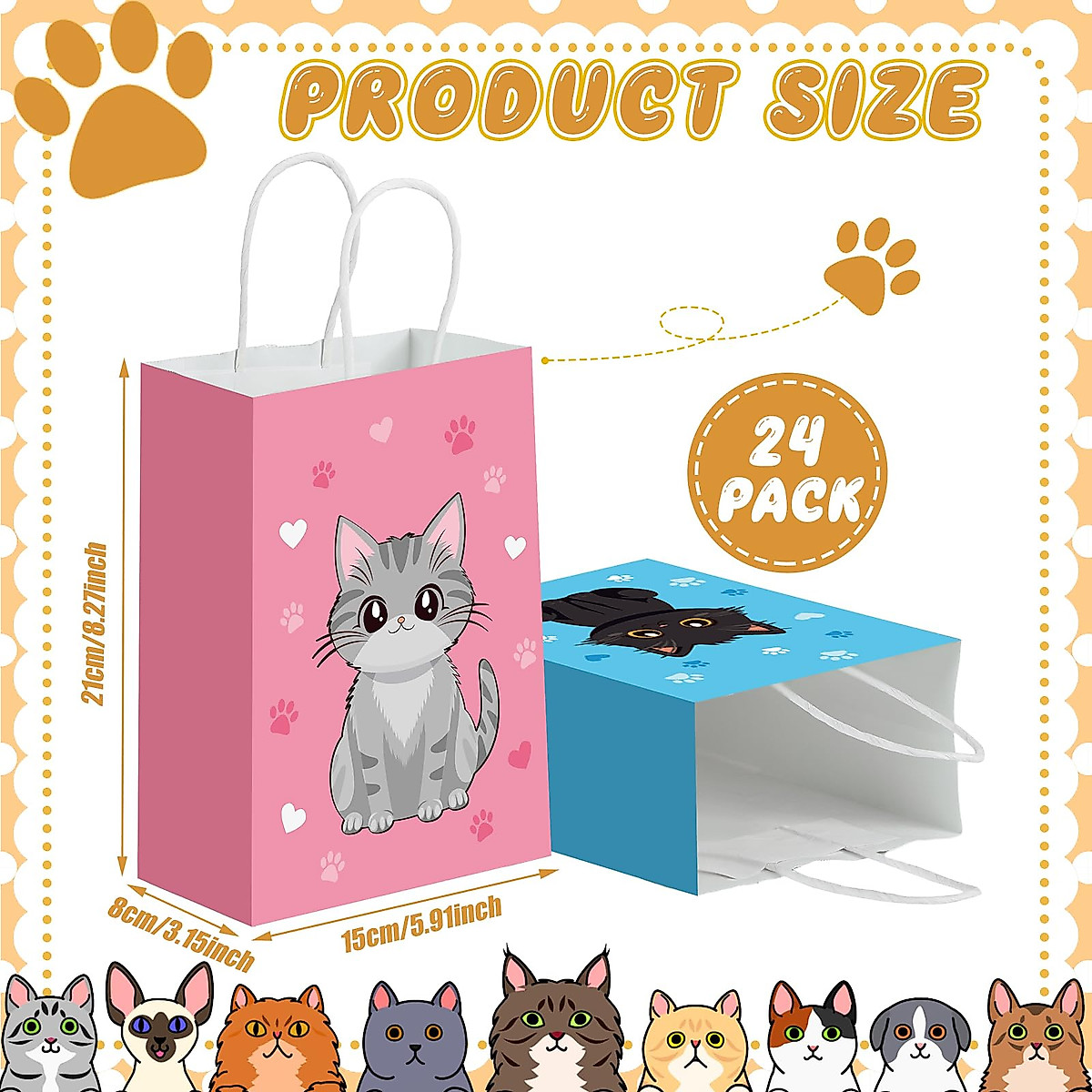 Zhanmai 24 Pcs Cat Goodie Bags Cat Party Favor Kitty Gift Bags with Handles Cat Candy Treat Paper Bags for Kids Cat Birthday Party Decoration Supplies for Pet Adoption
