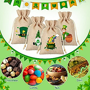 Riakrum 48 Pieces St. Patricks Day Burlap Gift Bags with Drawstring St. Patricks Day Shamrock Linen Goody Gift Bags Jute Treat Candy Bags for St. Patrick's Day Party Supplies, 4 Different Designs