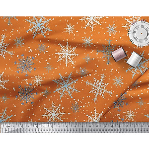 Soimoi Cotton Cambric Orange Fabric - by The Yard - 42 Inch Wide - Snow Flakes & Star - Winter Whimsy with Snow Flakes and Star Stripes Printed Fabric