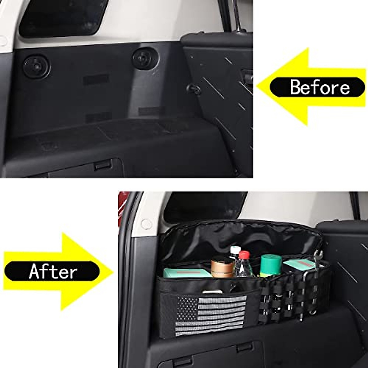 LLKUANG Trunk Organizer Tray Fit for Toyot@ FJ Cruiser 2007-2021 Oxford Cloth Multifunction Storage Box Rear Storage Organizer Multi-Compartment,1PCS (Black+American Flag, Left and Right)