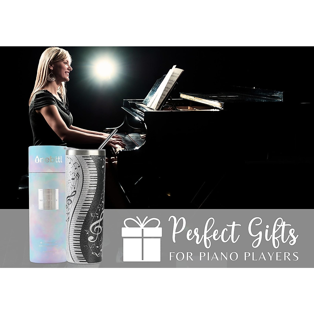 Onebttl Piano Gifts for Women, Men, Piano Teacher and Piano Lovers, 20oz/590ml Stainless Steel Insulated Skinny Tumbler with Straw & Lid - Glitter