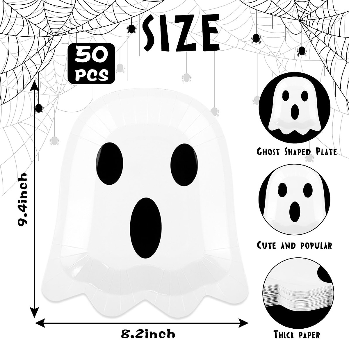 TWOWYHI 50Pcs Halloween White Ghost Paper Plates Disposable White Ghost Shaped Dessert Dinner Plates for Halloween Themed Party 9.8 x 8.7Inch