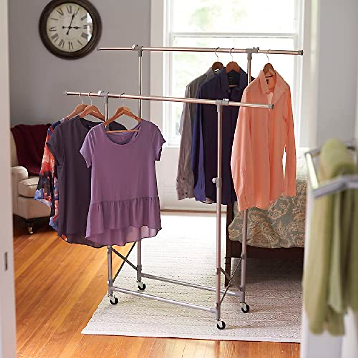 Household Essentials 3307-1 Folding Double Garment Rack with Wheels | Hang and Dry Clothes, Silver
