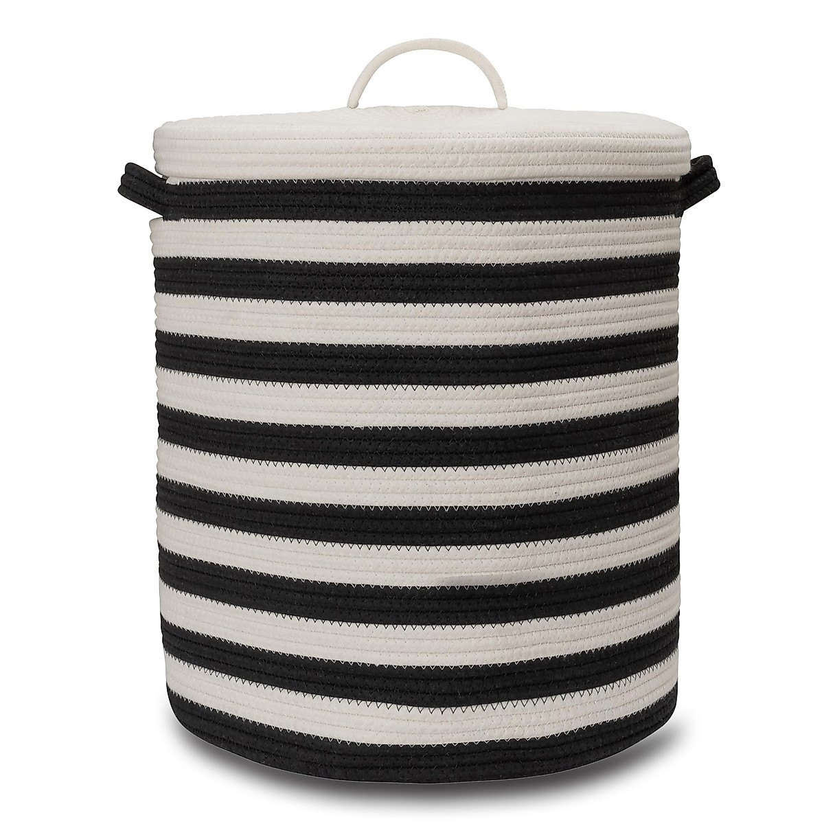 17 x 16in Large Striped Cotton Blanket Basket with Lid - Perfect for Toy Storage, Clothes Hamper, & Laundry Basket, Woven Baskets for Nursery Decor and Baskets for Organizing, Black and White