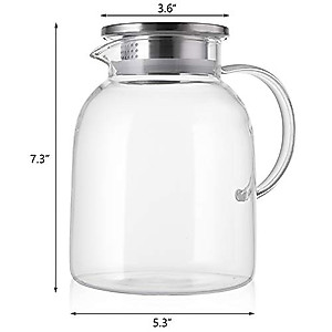 Hedume 2 Liter 68 Ounces Glass Pitcher with Lid, Large Heat Resistant Glass Beverage Pitcher, Glass Water Pitcher with Lid and Handle, Carafe for Iced Tea, Wine, Coffee, Milk and Juice Beverage