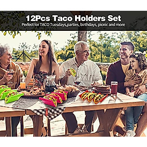 Taco Holder Set, 12 Pack/24 Pack Large Colorful Taco Tray, Taco Stand Each Can Hold 2 or 3 Tacos, Food Grade PP Material, Taco Tray Holder, Tacos Holder for Party, Dishwasher and Microwave(12 Pack)