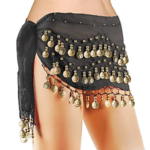 COSICS Belly Dance Hip Scarf, Women's Black Chiffon Belly Dancing Scarf with 128 Gold Coins for Yoga Class