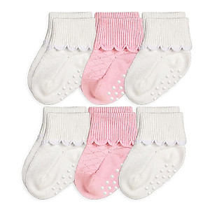 Jefferies Socks Baby Girls' Non-Skid Scalloped Turn Cuff 6 Count (Pack of 1), White/Pink, Toddler, Shoe Size 3-7