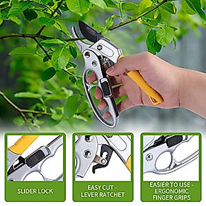 MEPEREZ Garden clippers, Ratchet pruning shears for gardening, Work 3 times easier, Hand pruners, Cutting rose, floral, tree, live plants, Sharp, Durable trimming scissors, Arthritis weak hand snips