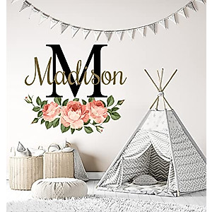 CuteDecals Flowers Custom Name & Initial Wall Decal - Personalized Peonies Art Decor Mural Girls Stickers For Nursery Bedroom Decoration (Mini Wide 15''x13'' Height)