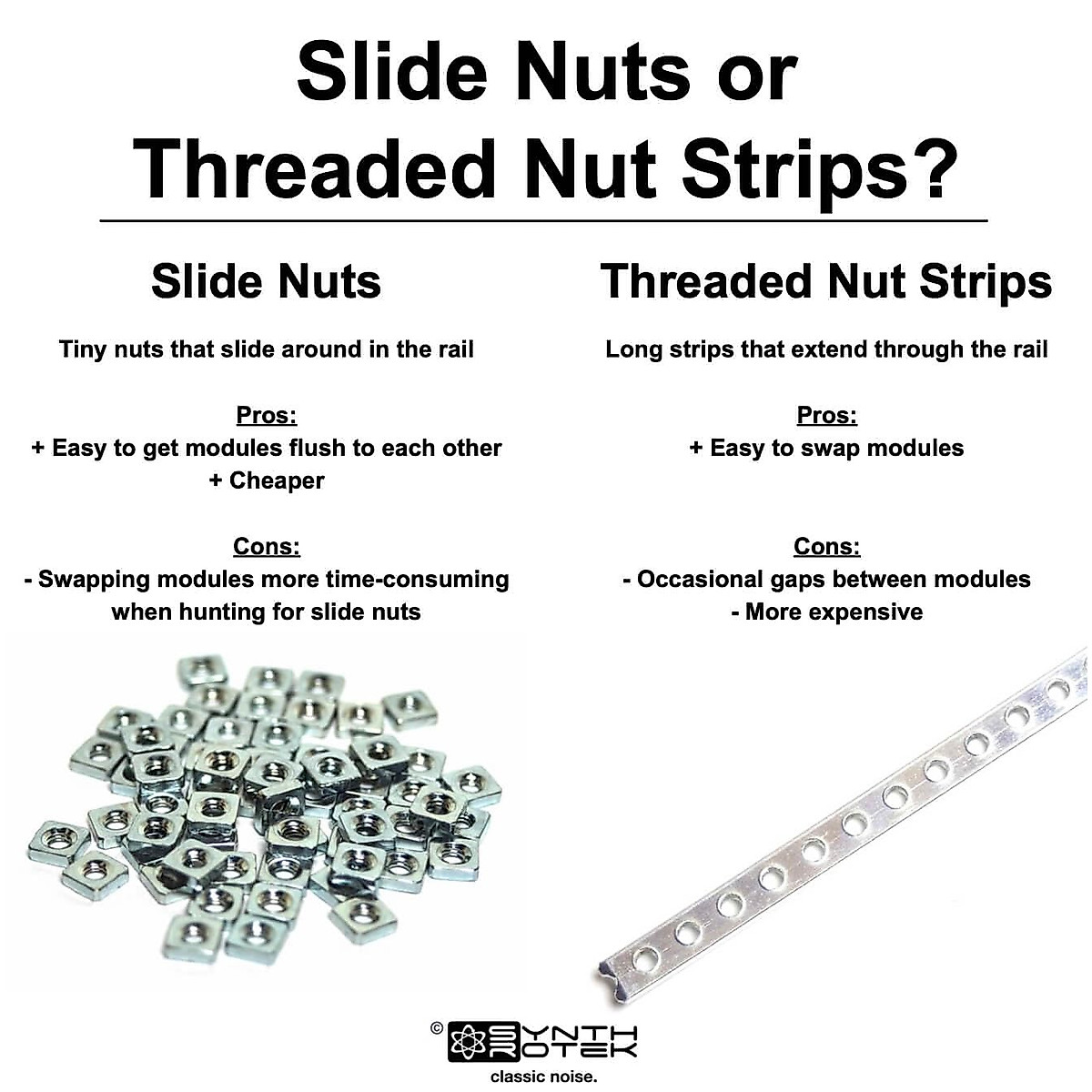 Synthrotek Eurorack Rails - 104HP, 3mm Threaded Nut Strips - Modular Case Hardware