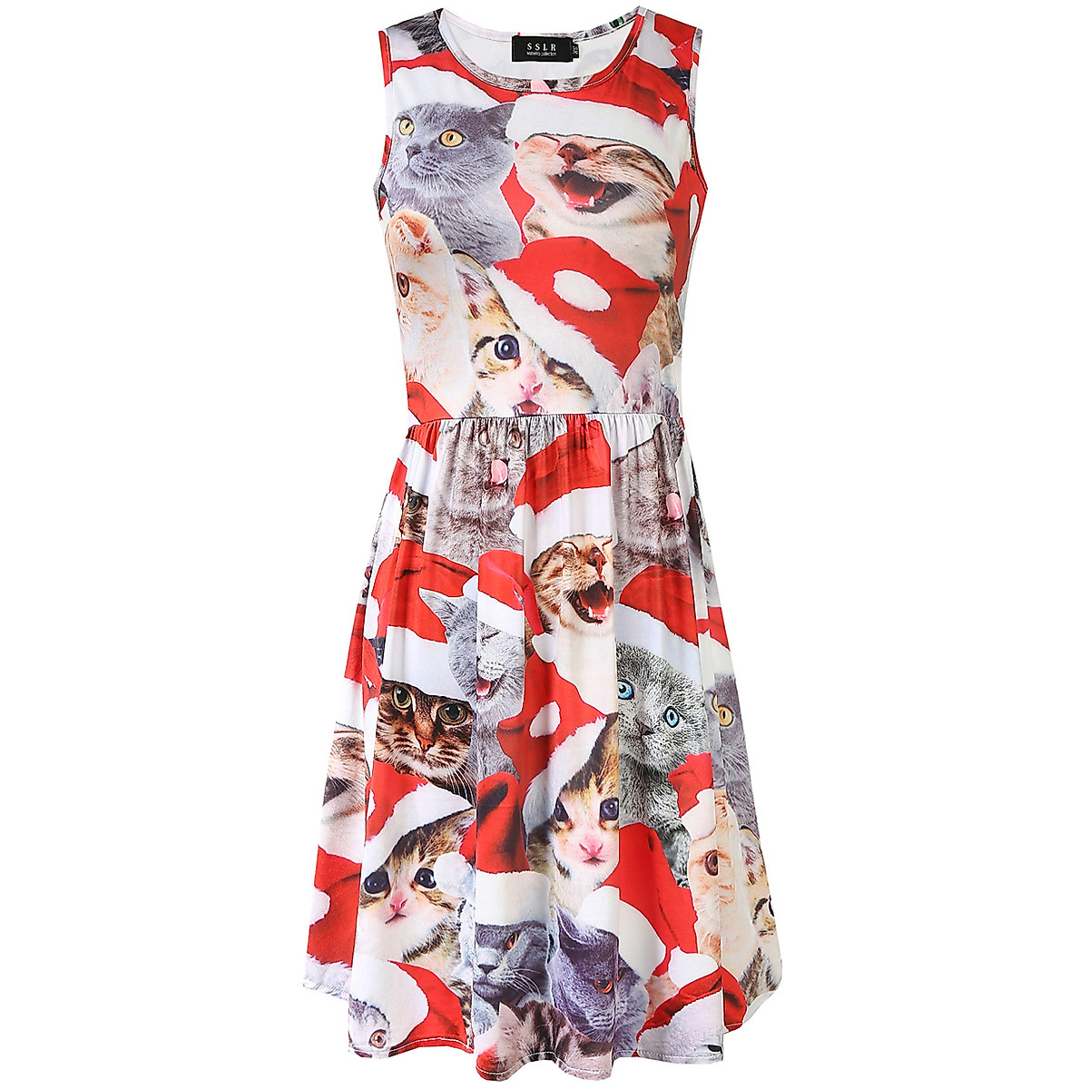 SSLR Womens Party Dress Printed A-Line Crewneck Sleeveless Ugly Christmas Dresses for Women (Large, White Red)