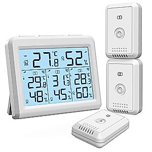 ORIA Indoor Outdoor Thermometer, Digital Hygrometer Thermometer, Wireless Temperature and Humidity Gauge Monitor with 3 Sensors, LCD Backlight for Home, Office, Bedroom, White