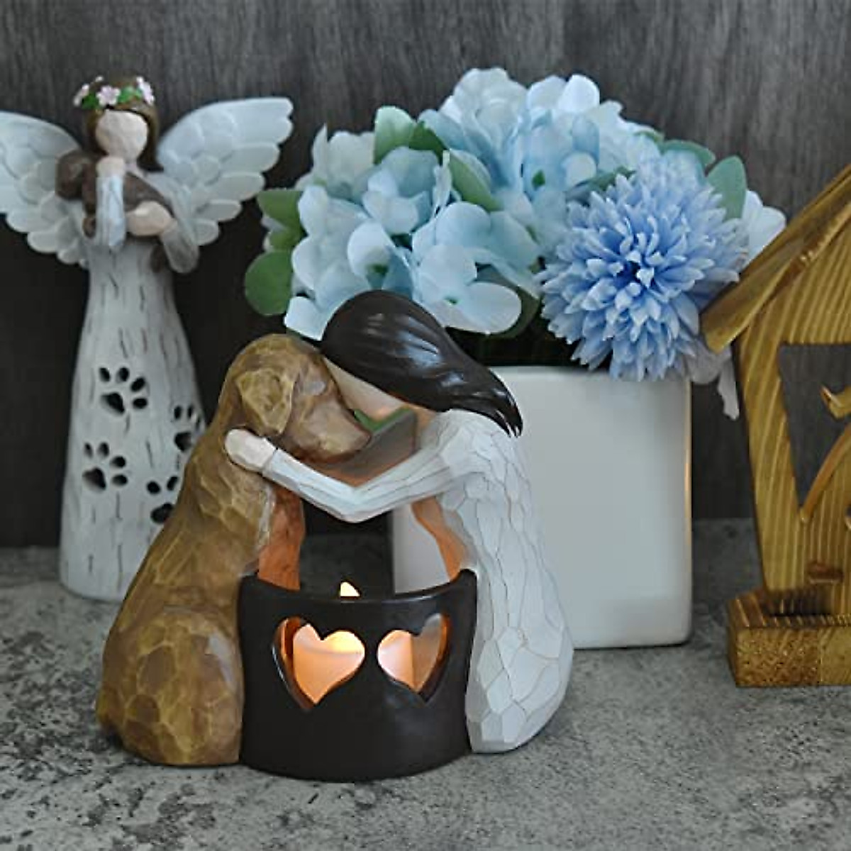 weslinkeji Dog Memorial Gifts，Pet Loss Gifts，Hand-Sculpted Dogs Passing Away Sympathy Gift，Remembrance Gift ，Dog Lovers Candle Holder Statue with LED Candle