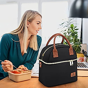 Hafmall Insulated Lunch Bag for Women/Men, Dual Compartment Adult Lunch Box for Work, Reusable Lunch Tote Bag with Shoulder Strap, Black